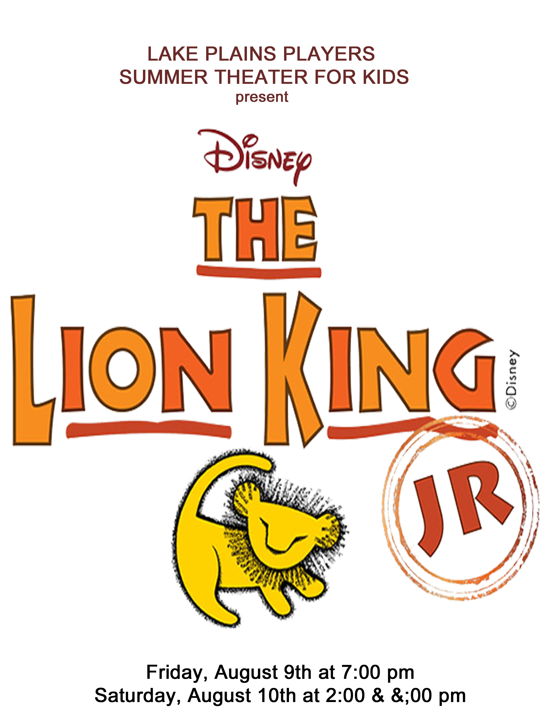 The Lion King Jr at Lake Plains Players - Performances August 9, 2019 ...